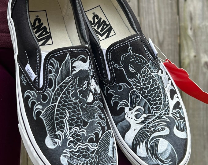 Black and White Japanese Koi Fish With Wave Design in Black Vans Slip ...