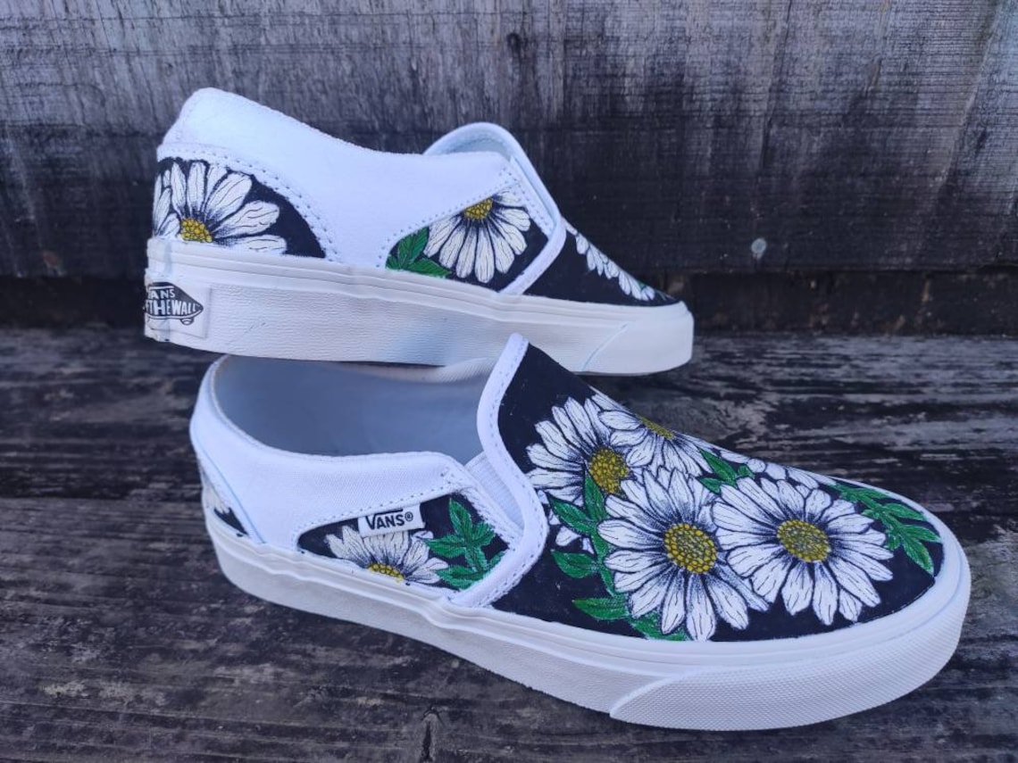 White Daisy Flowers hand painted vans slip on shoes. Flower | Etsy
