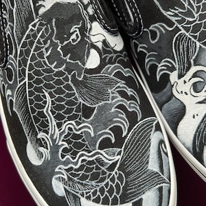 Black and White Japanese Koi Fish With Wave Design in Black Vans Slip ...