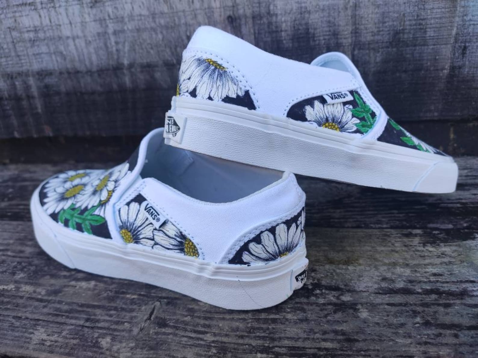 White Daisy Flowers Hand Painted Vans Slip on Shoes. Flower | Etsy