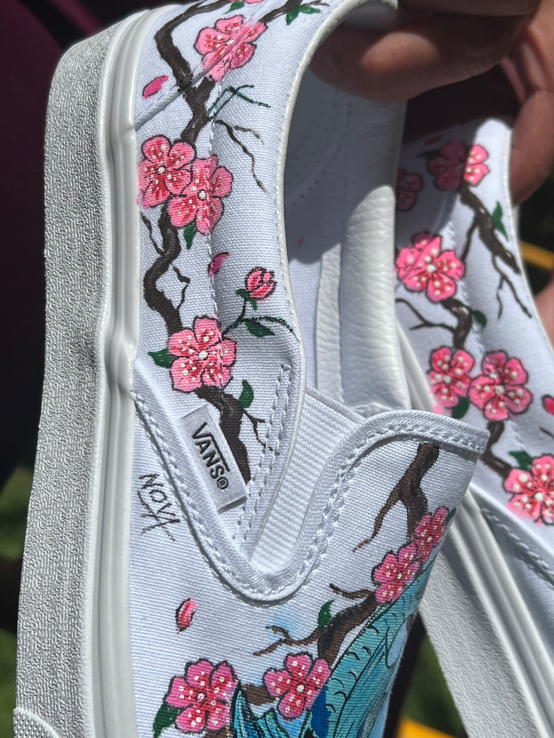 Japanese Koi Fish With Cherry Blossoms Flower Vans Slip on Hand Painted ...