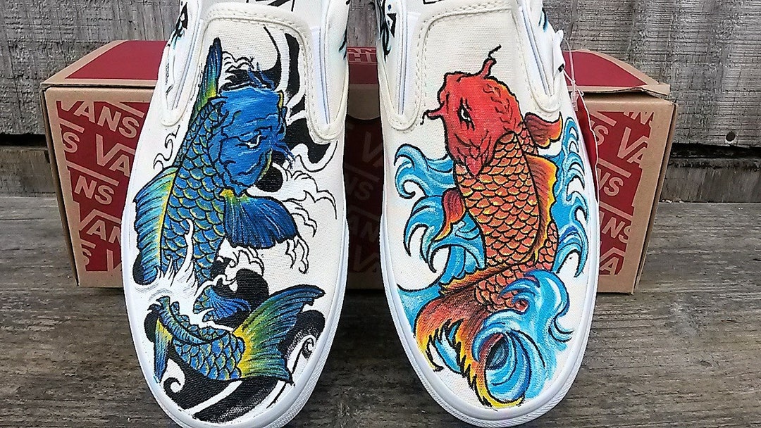 Japanese Koi Fish With Tribal Design Vans Slip on Hand Painted Custom ...
