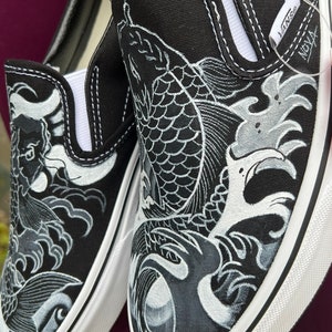 Black and White Japanese Koi Fish With Wave Design in Black Vans Slip ...