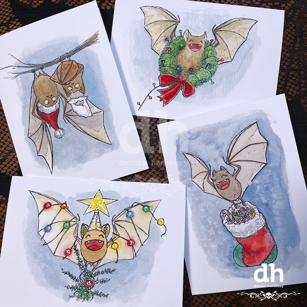Bat Greeting Cards Single OR 4 Pack Christmas Card Pack Cute Bat ...