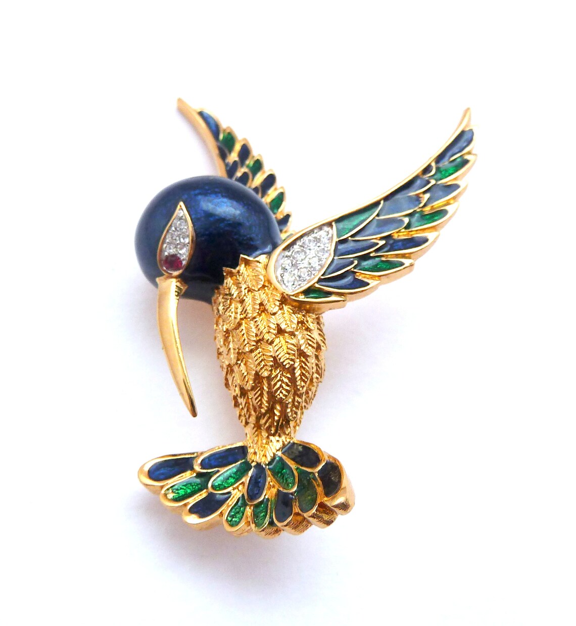 Vintage Enamel and Rhinestone Hummingbird Bird Design Statement Brooch ...