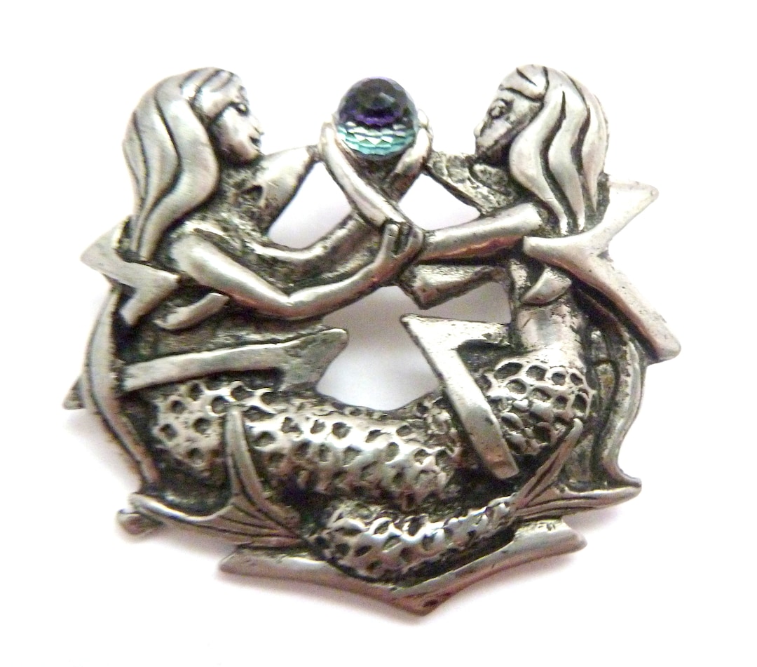 Vintage Large Double Mermaid and Crystal Design Pewter Brooch by St ...