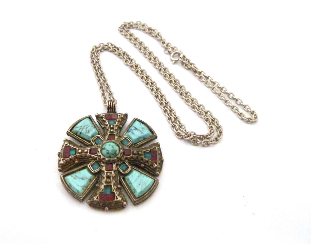 Vintage Celtic St Cuthberts Cross Design Faux Turquoise Set Necklace by ...