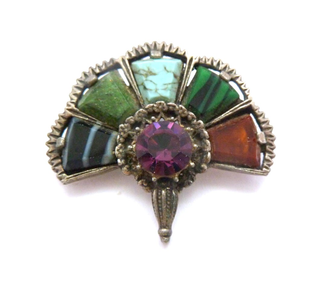 Vintage Faux Amethyst and Mock Gemstone Set Fan Design Brooch by ...