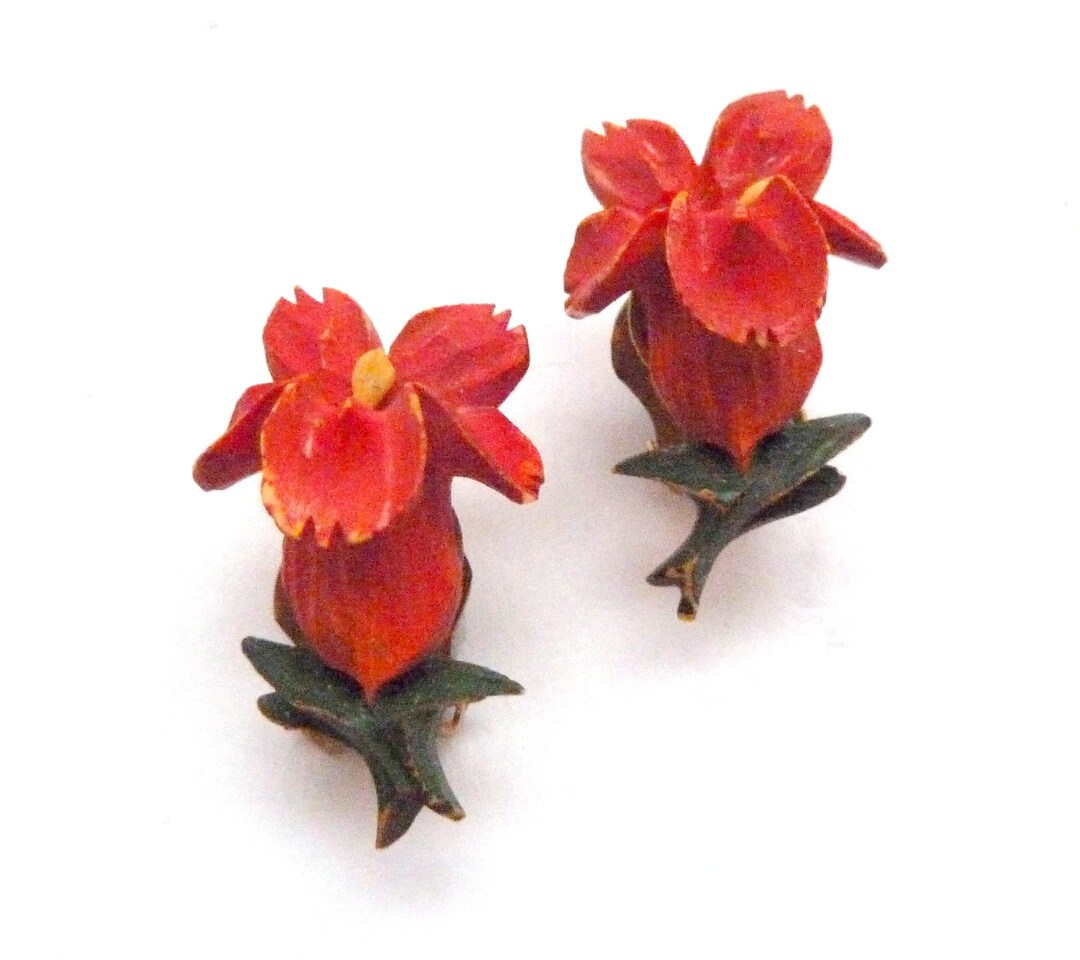 Vintage Rare Red Gentian Flower Design Celluloid Early Plastic Clip on ...