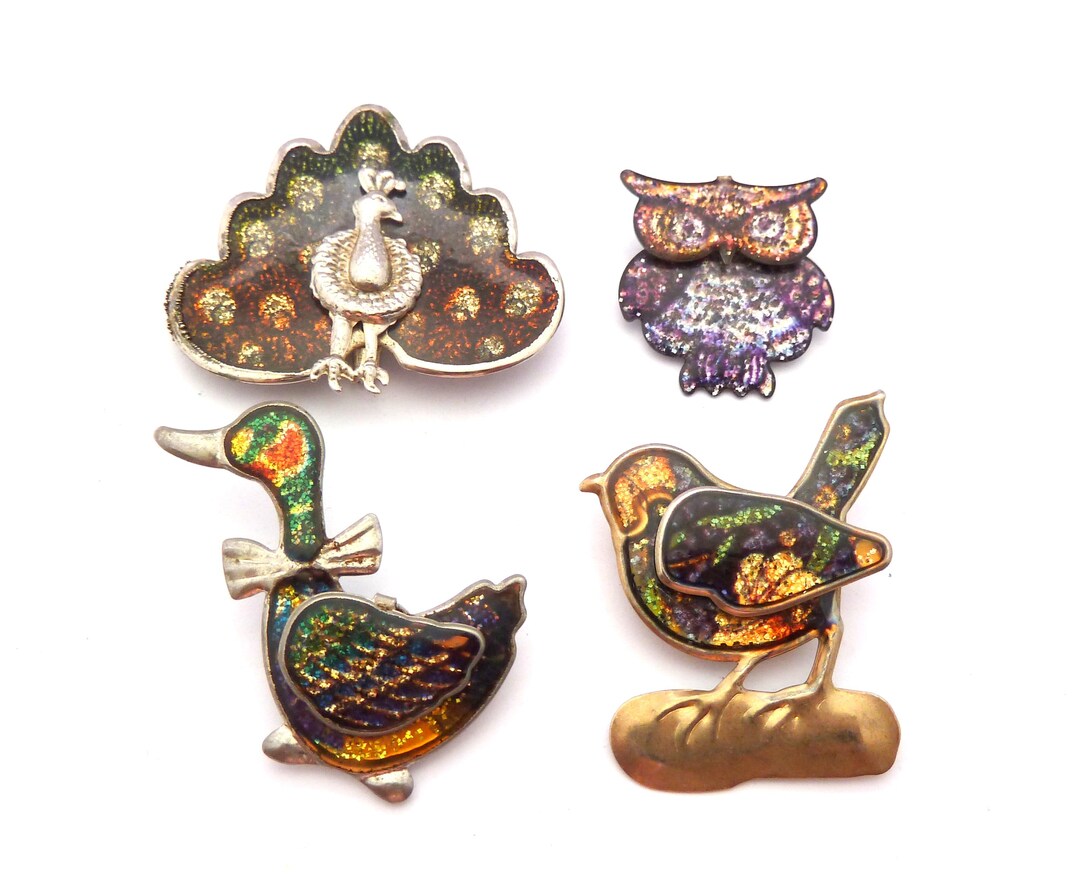 Vintage Collection of Four Glitter Enamel Detailed Bird Design Brooches ...