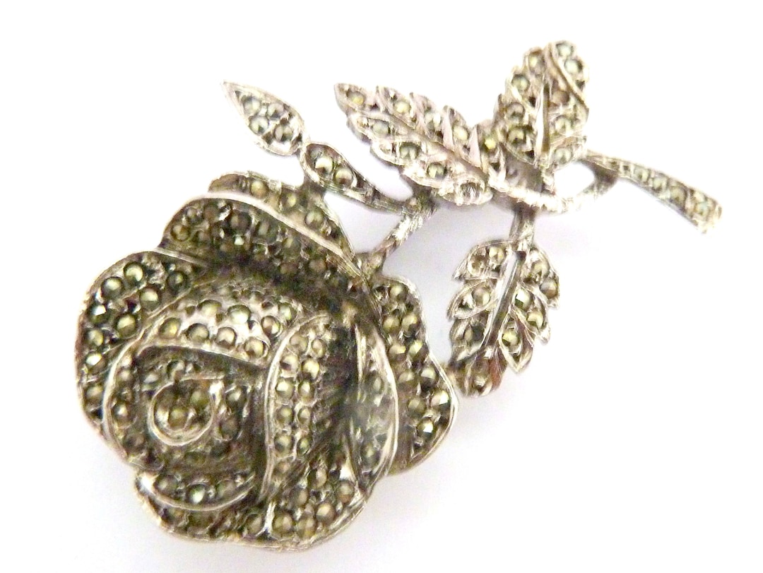 Vintage Marcasite Set Rose Flower Design Brooch, 50s Jewellery. - Etsy