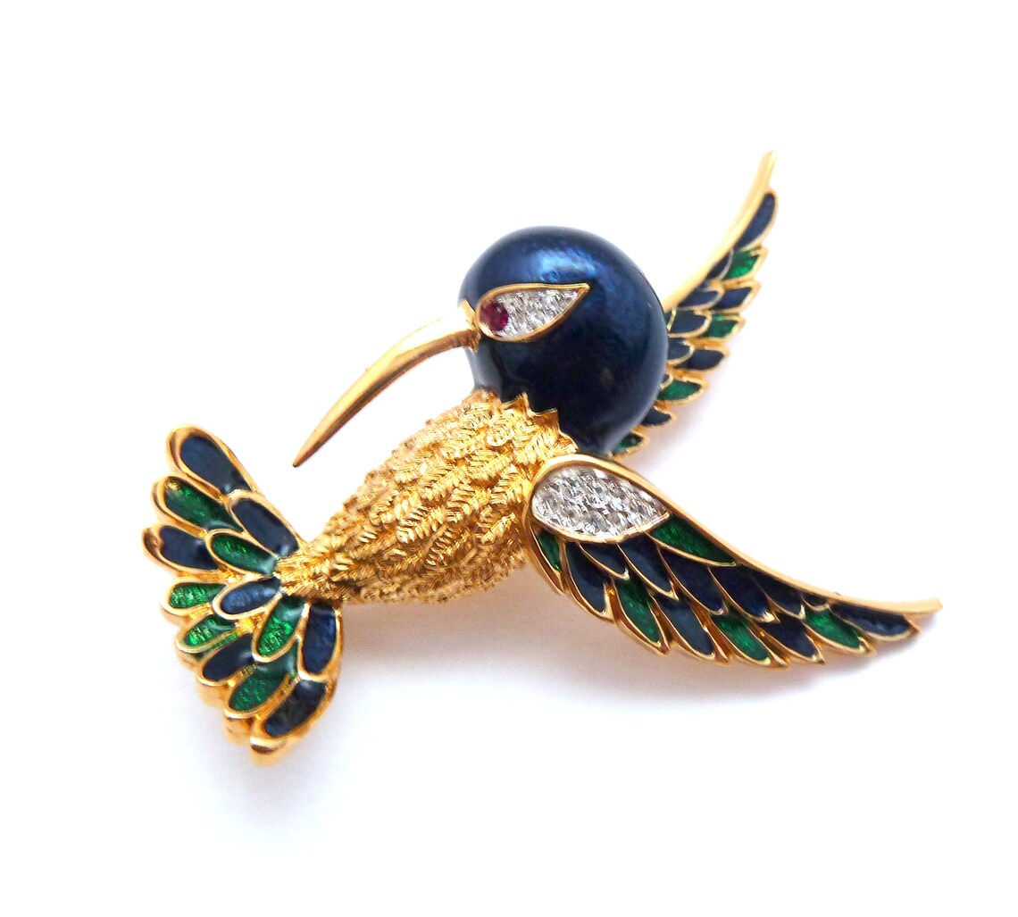 Vintage Enamel and Rhinestone Hummingbird Bird Design Statement Brooch ...