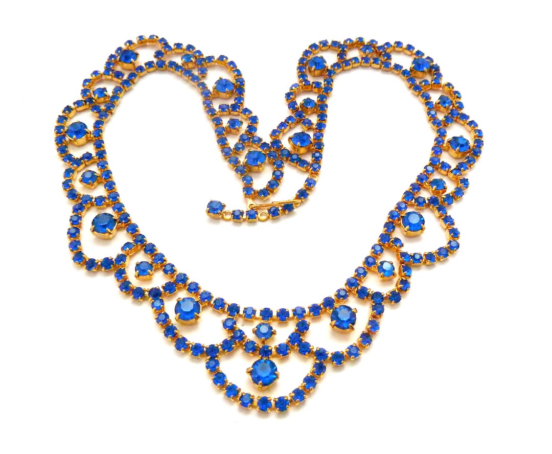 Vintage Blue Rhinestone Swag Drop Statement Design Adjustable Length ...