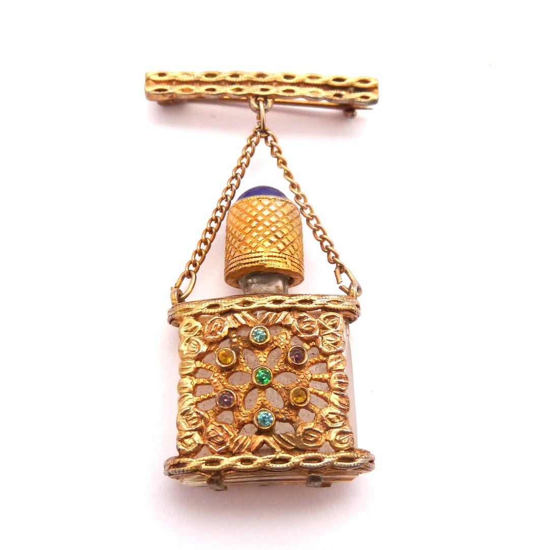 Vintage Brooch, Filigree and Rhinestone Detailed Scent Perfume Bottle ...