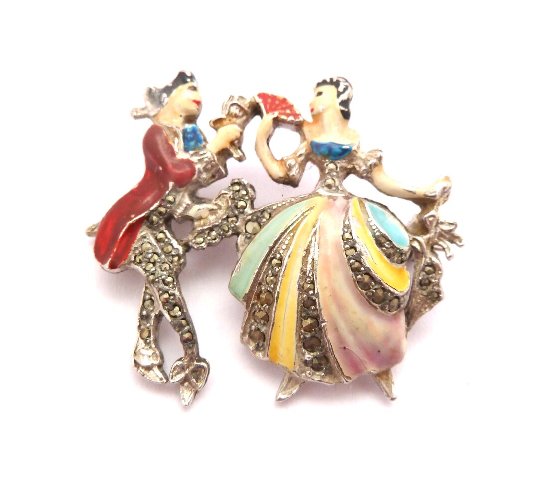Vintage Brooch, Rare Enamel and Marcasite Courting Couple Design Shabby ...