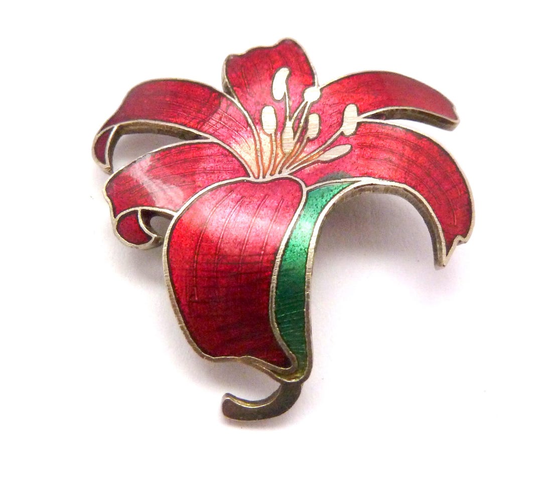 Vintage Brooch, Large Red Iris Flower Design Cloisonne Enamel Pin, 80s ...