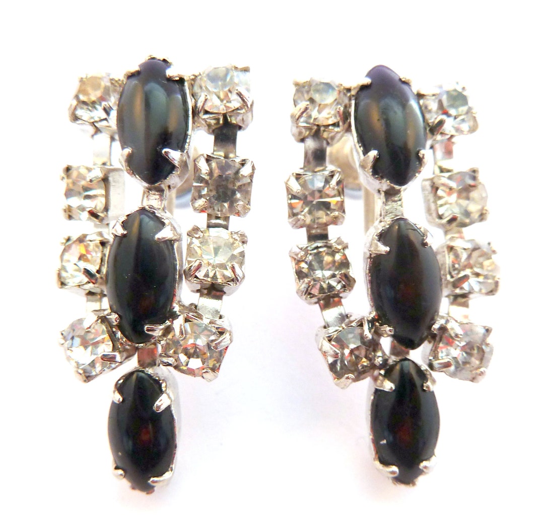 Vintage Black and Clear Rhinestone Drop Screw Back 50s Earrings, 50's ...