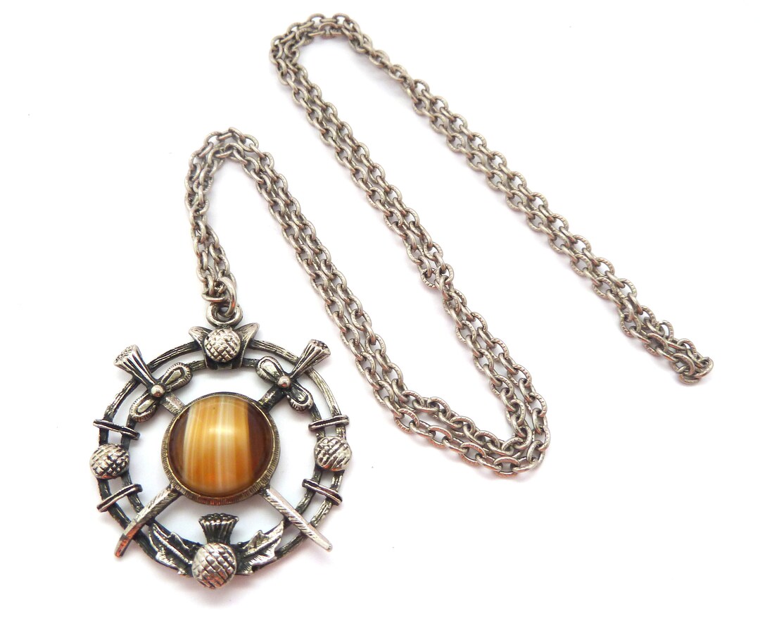 Vintage Scottish Sword Necklace: Toffee Porphyry Glass Cabochon, 70s ...