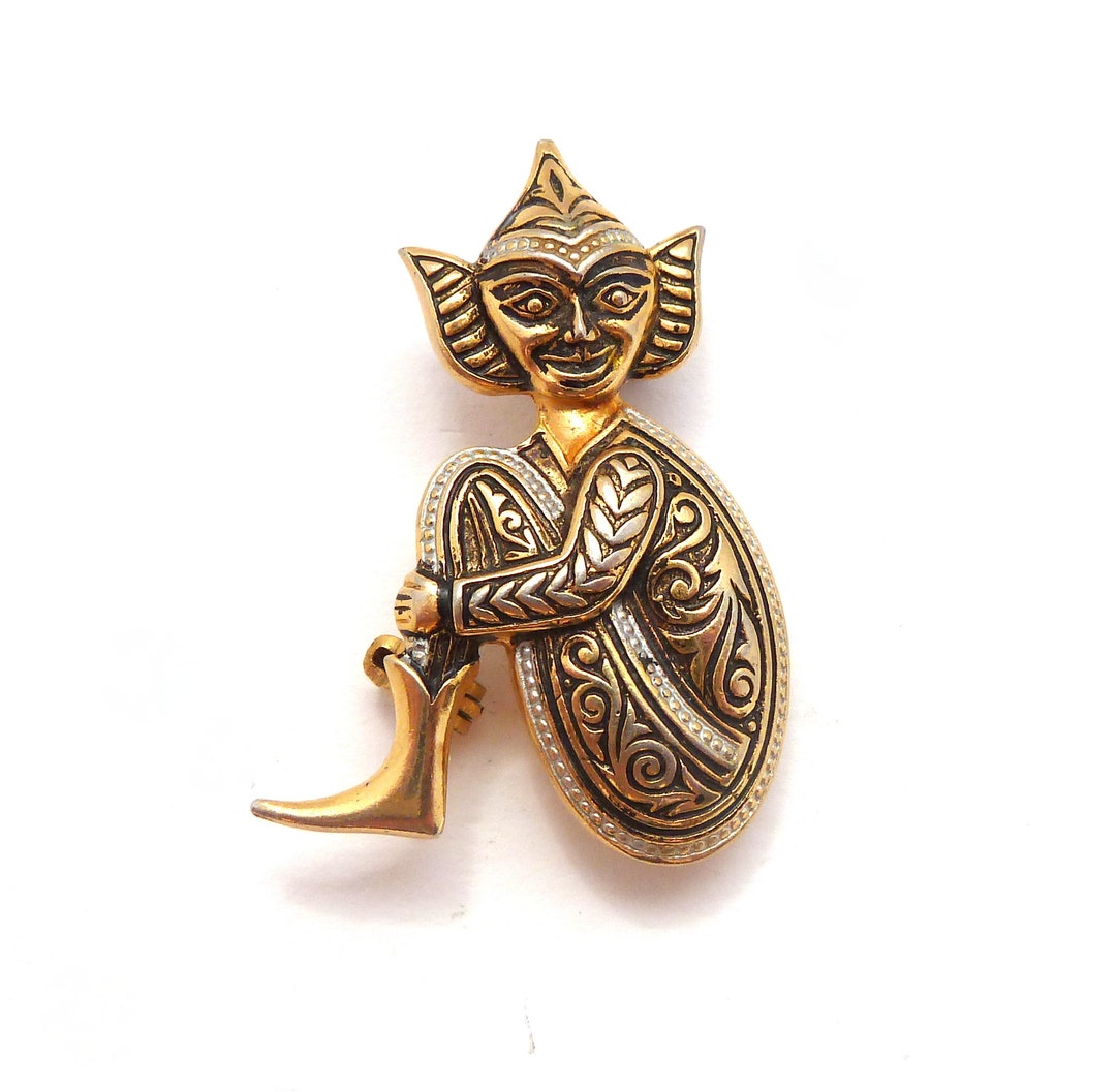 Vintage Toledo Ware Faux Damascene Pixie Imp Kitsch Fairy Design Brooch ...