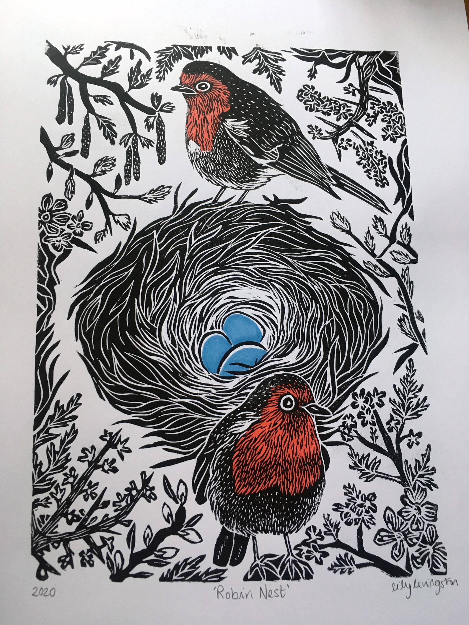 Robin Nest Original Linocut Relief Print Featuring Pair of | Etsy