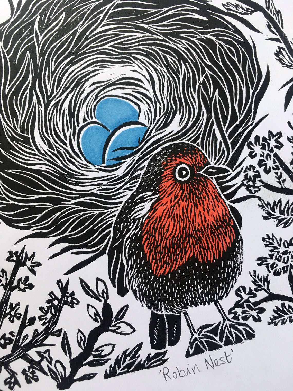 Robin Nest Original Linocut Relief Print Featuring Pair of | Etsy
