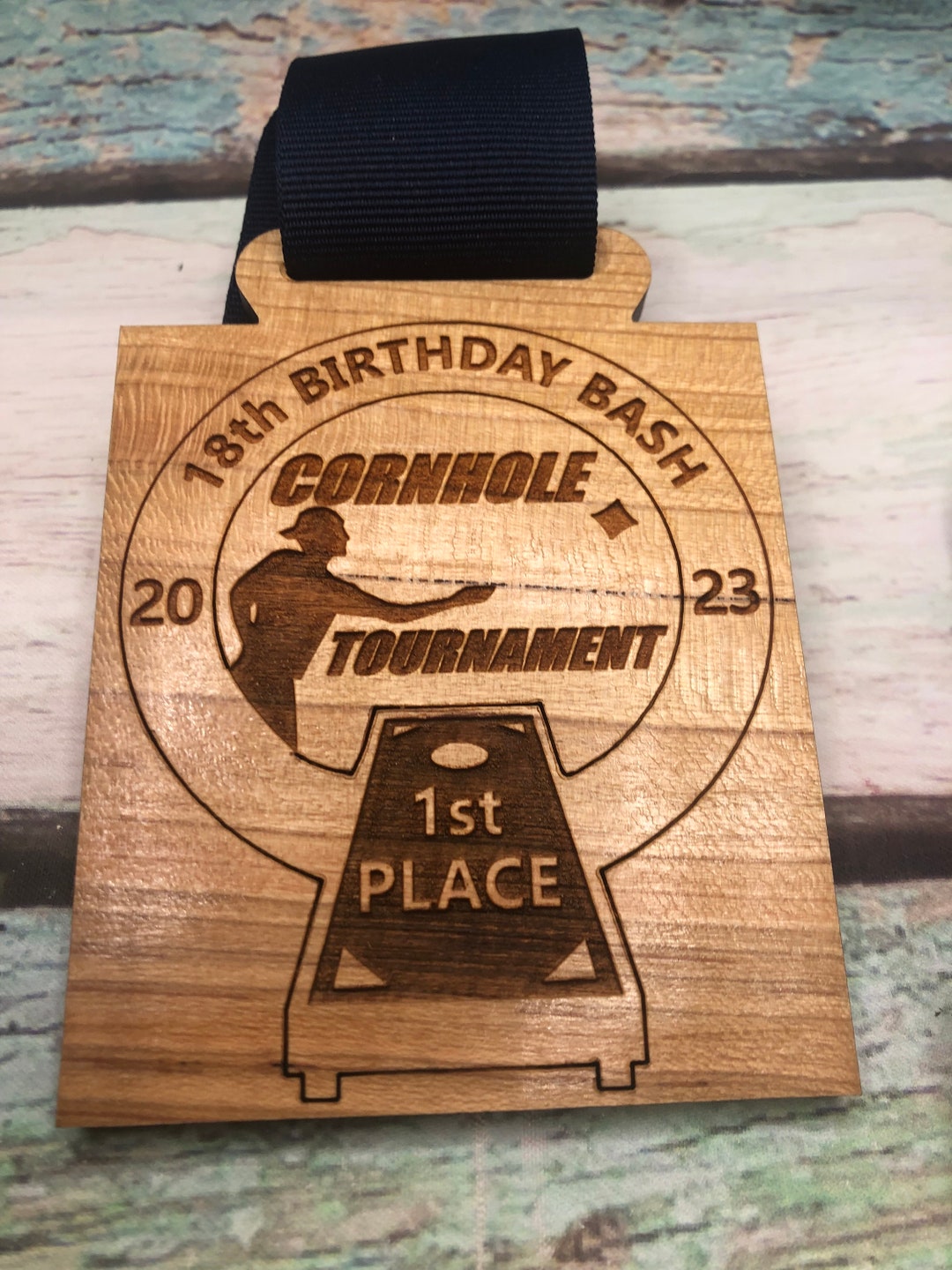 Laser Engraved . Custom Designed . Cornhole . Wood Medal . Hand ...