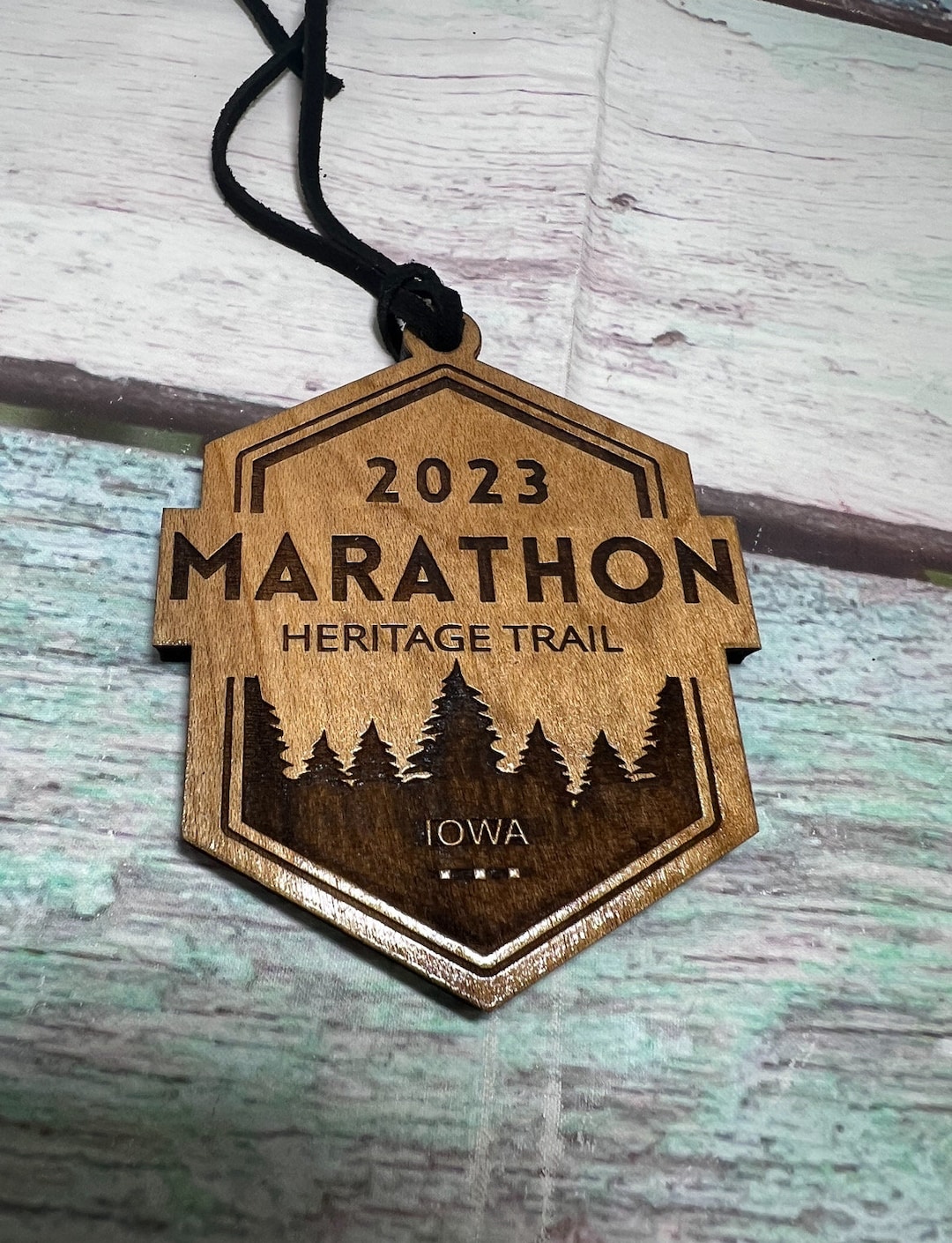 Custom Design . Marathon . Wood Medal . Laser Engraved . Hand Finished ...