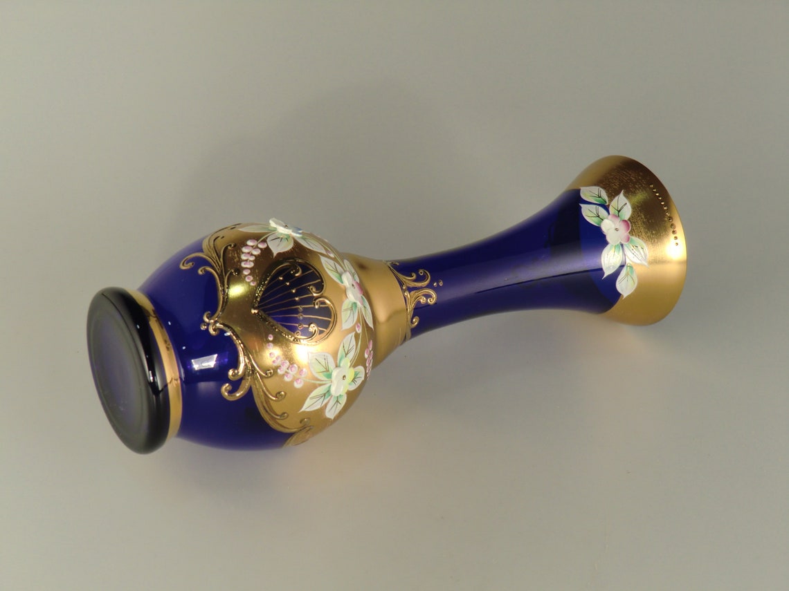 Vintage Bohemian Czech Cobalt Blue Gilt High Enamel Glass Vase Etsy