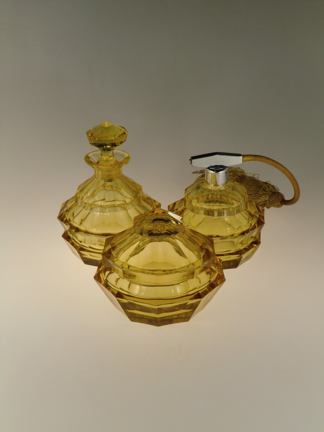 Bohemian Czech Art Deco Amber Cut Glass Perfume Bottle Flacon Powder ...