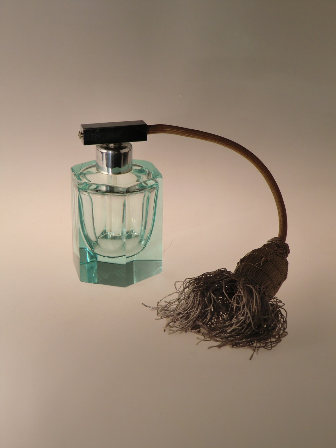 Bohemian Czech Turquoise Beryl Art Deco Cut Glass Perfume Bottle Flacon ...