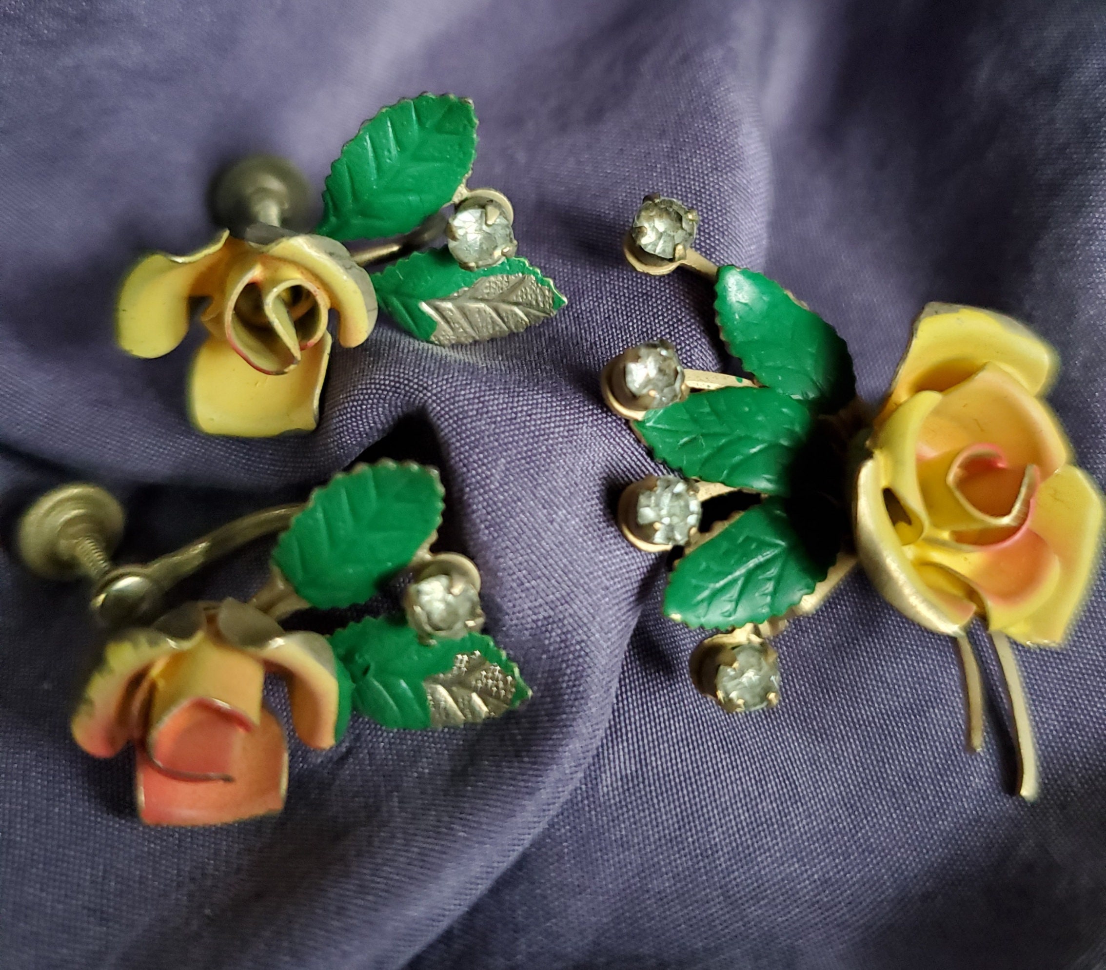 Vintage Enamel Metal Yellow Rose Pin Set and Matching Earrings - Etsy