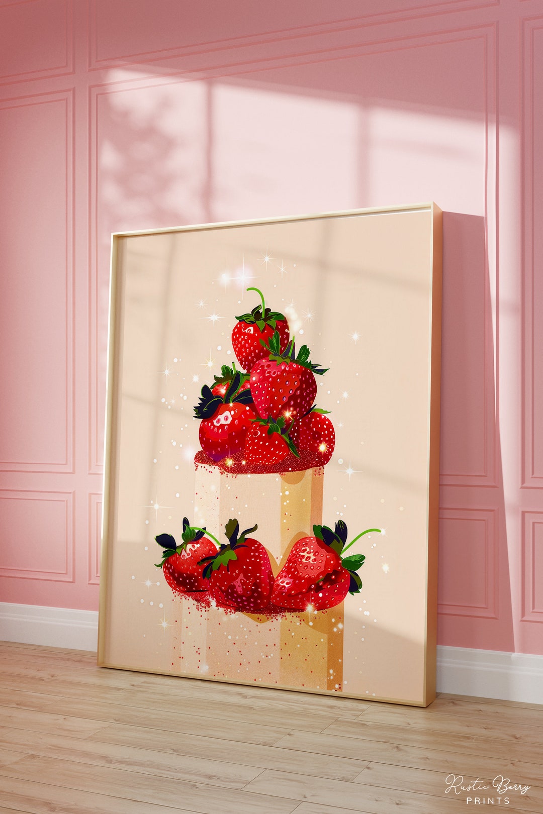 Strawberries on Cake Art Print Wall Art Poster Bakery Foodie Art Preppy ...
