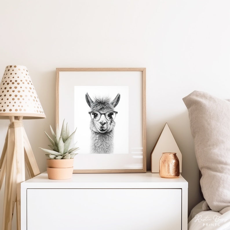 Funny Llama Art Print Smart Llama Digital Black and White Home Wall Art ...