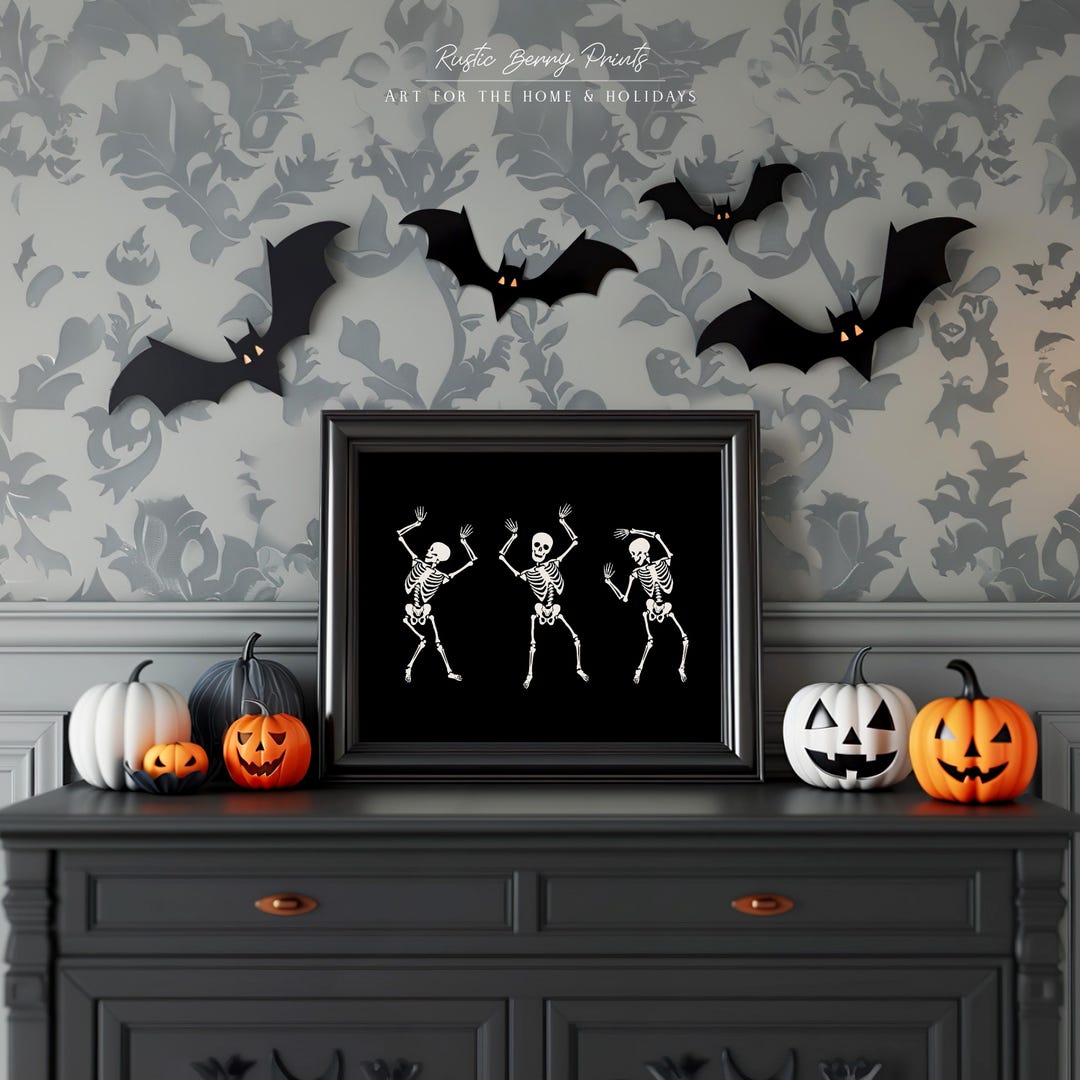 Halloween Skeletons Art Print | Funny Dancing Skeletons Halloween Wall ...