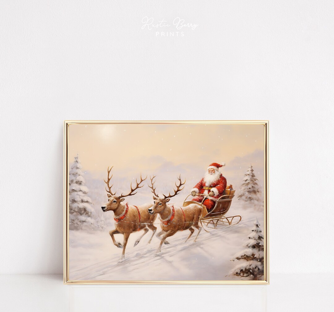 Santa Claus and Reindeer Sleigh Art Print Vintage Santa Winter Wall Art ...