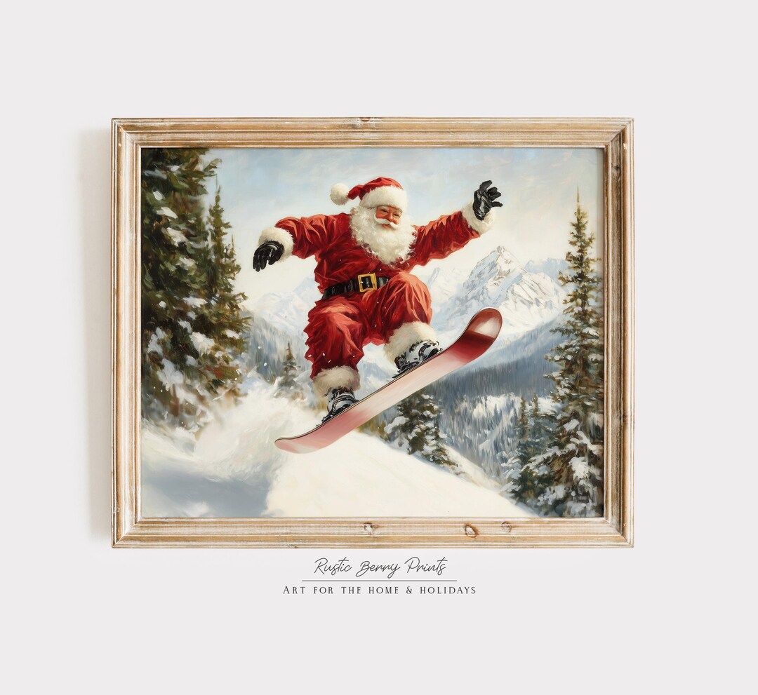 Snowboarding Santa Art Print Vintage Santa Funny Santa Claus Winter ...