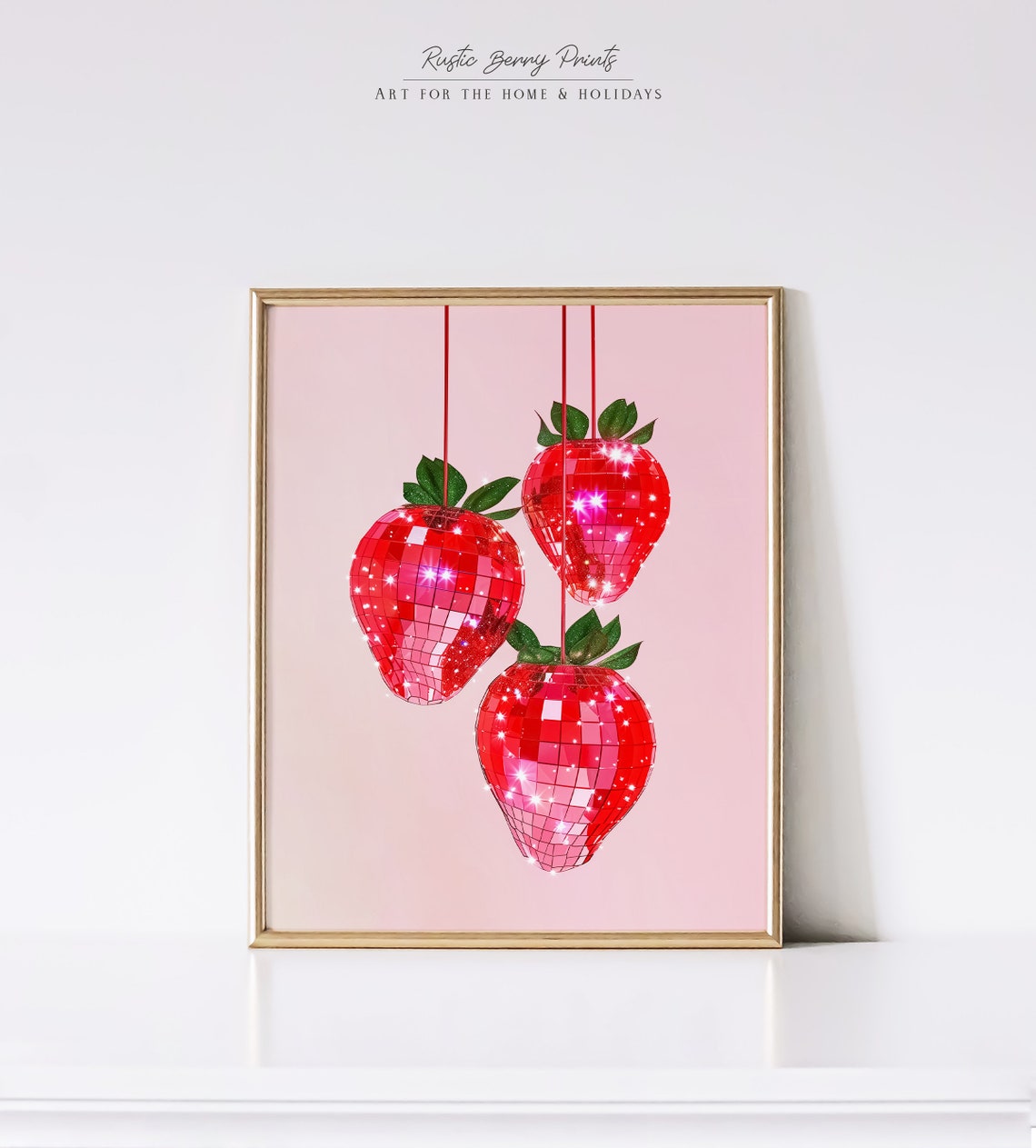 Pink Disco Strawberries Art Print: Trendy Kitchen Decor (digital ...