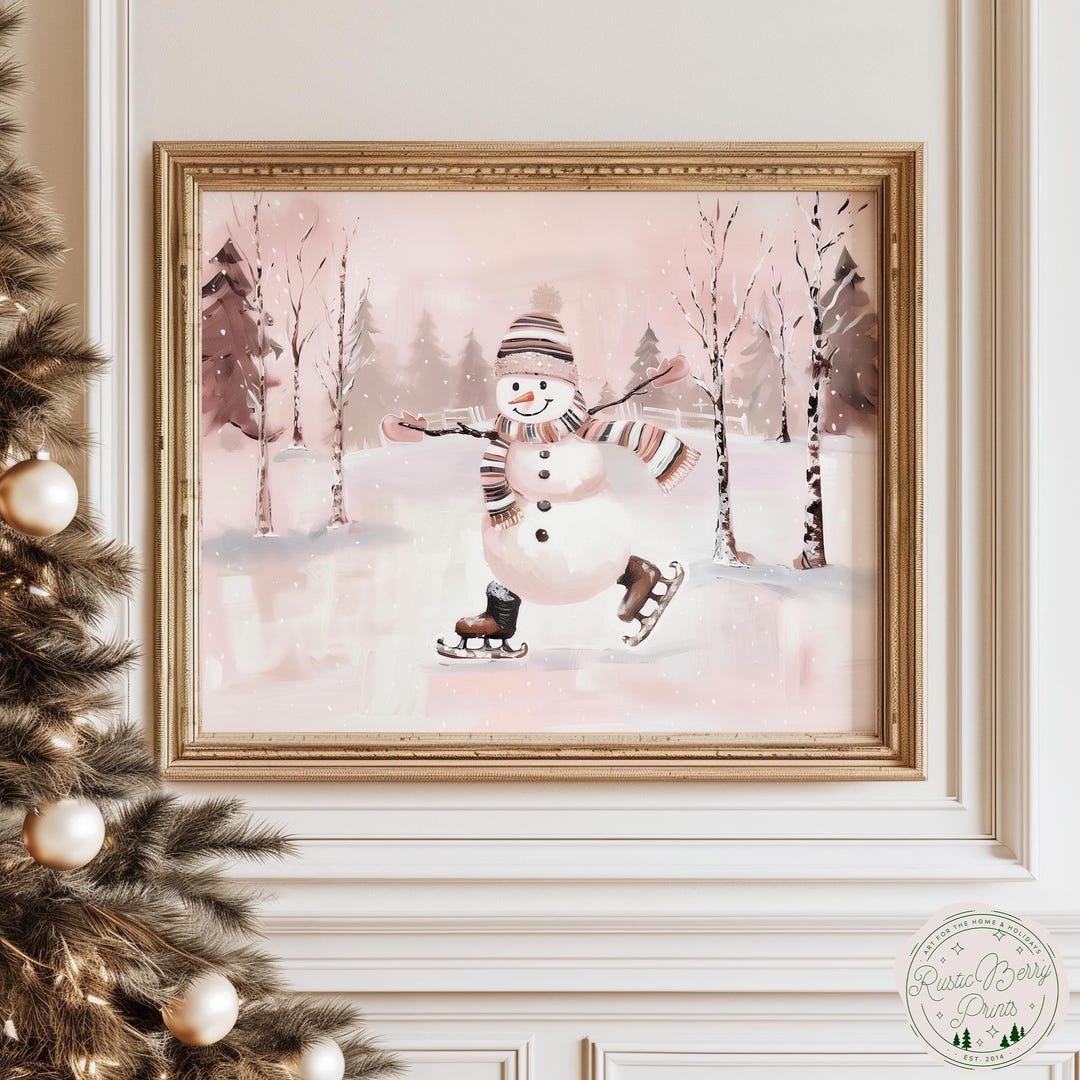 Snowman Ice Skating Wall Art Art Print Pink Holiday Poster Trendy ...