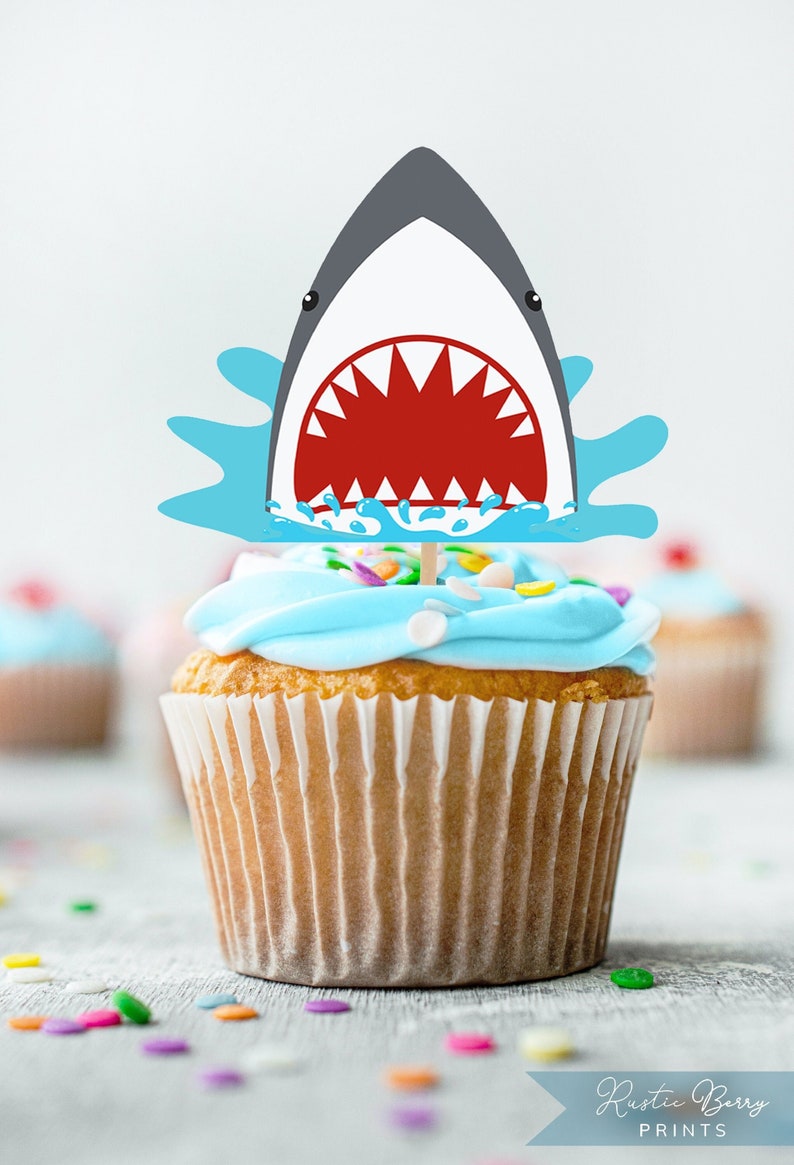 Shark Party Cupcake Toppers printable Shark Jaws Birthday - Etsy