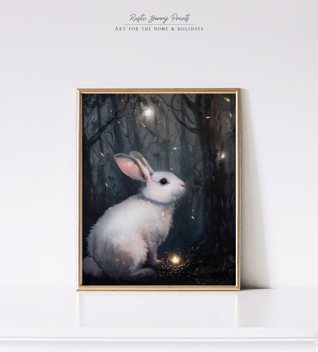 Rabbit & Fireflies Forest Whimsical Art Print Wall Art Dark Moody ...