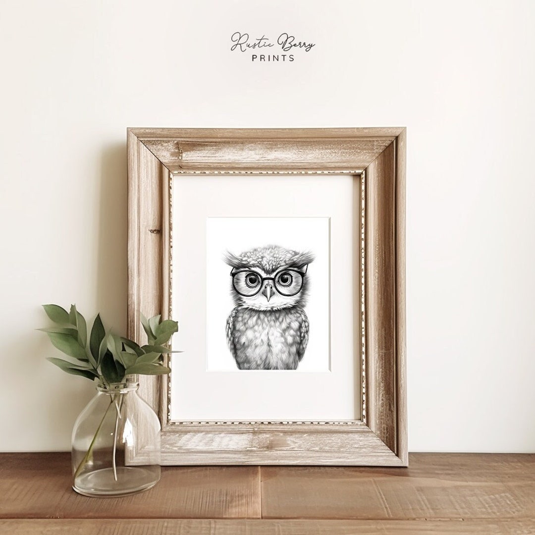 Cute Owl Art Print Smart Owl Digital Black and White Home Wall Art ...