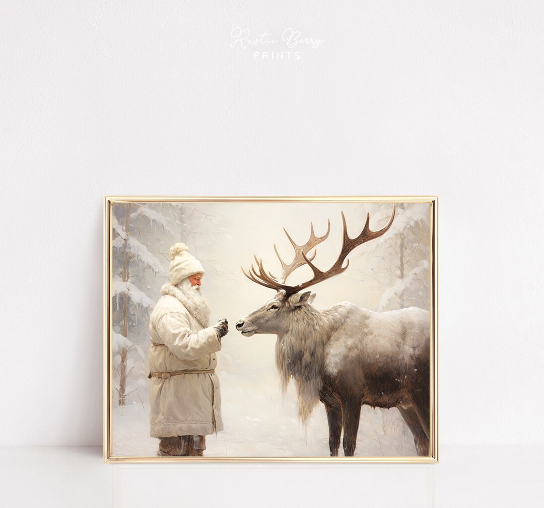 Santa Claus and Reindeer Art Print Vintage Santa Winter Wall Art ...