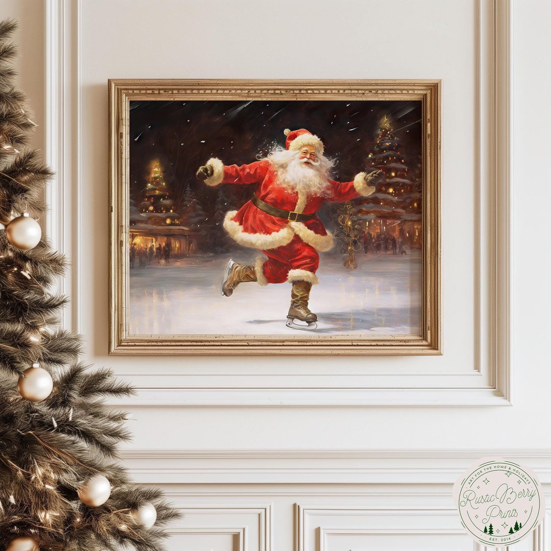 Santa Claus Ice Skating Art Print | Vintage Santa | Winter Wall Art ...