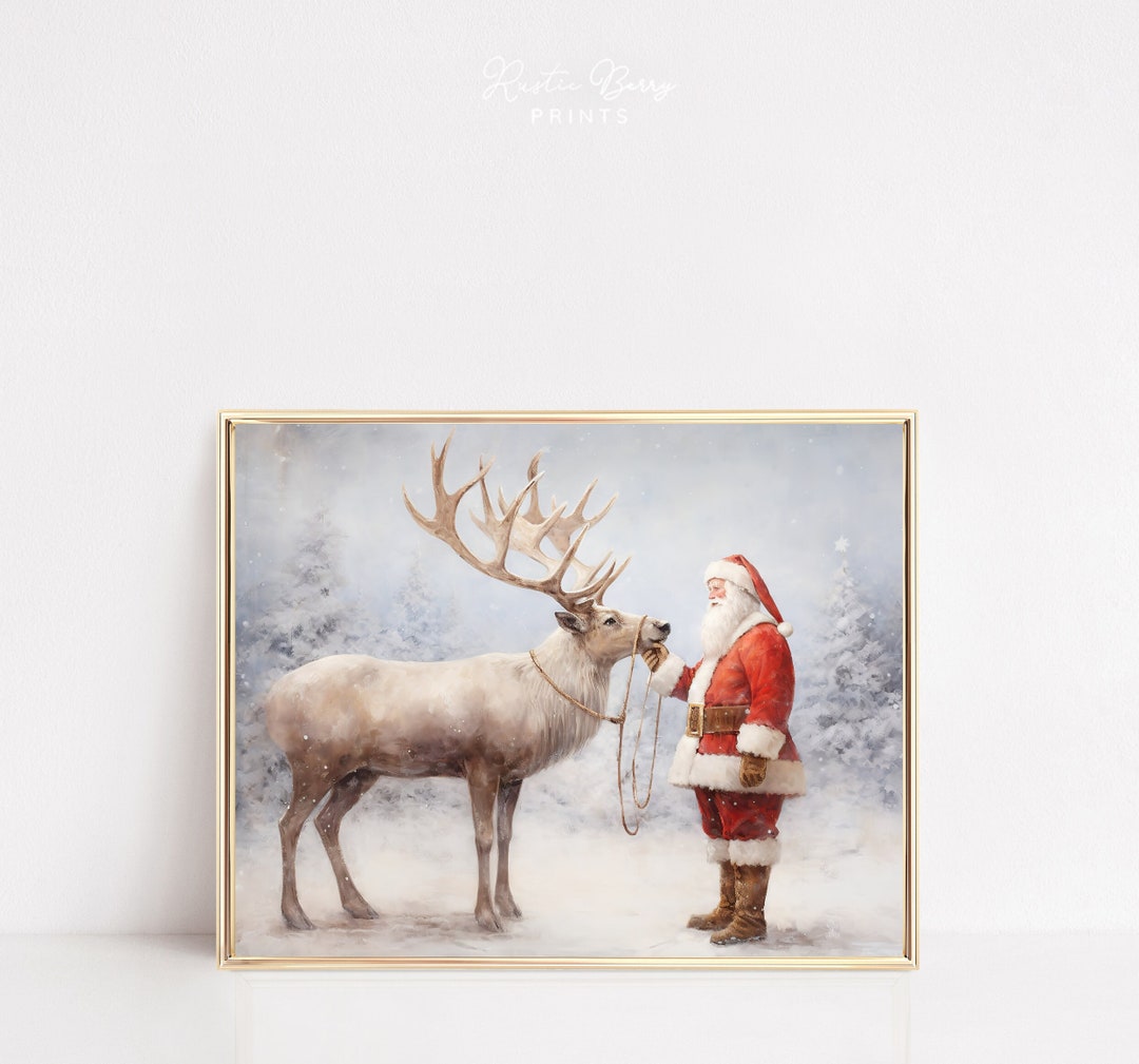 Santa Claus and Reindeer Art Print Vintage Santa Winter Wall Art ...