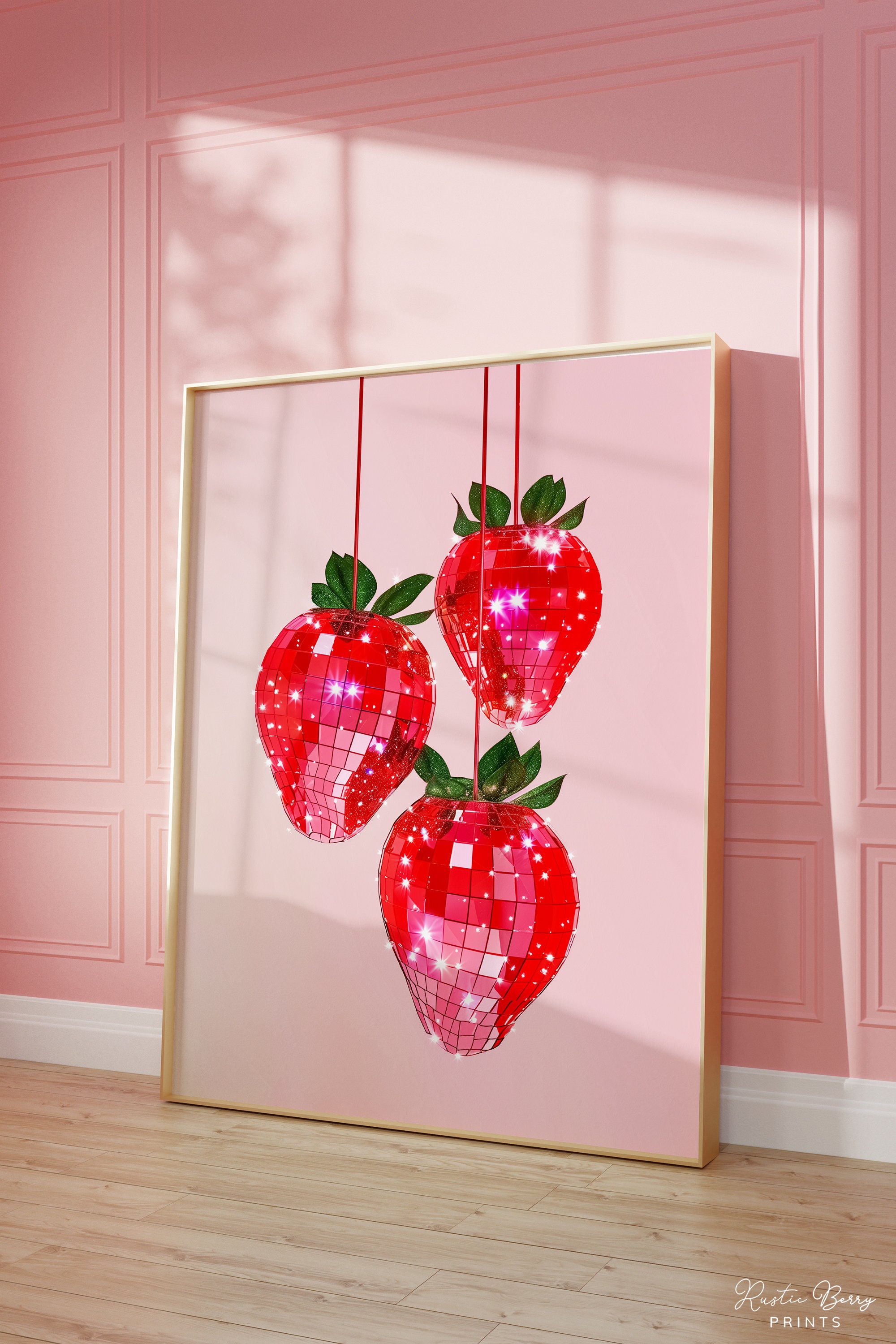 Pink Disco Strawberries Art Print: Trendy Kitchen Decor (digital ...
