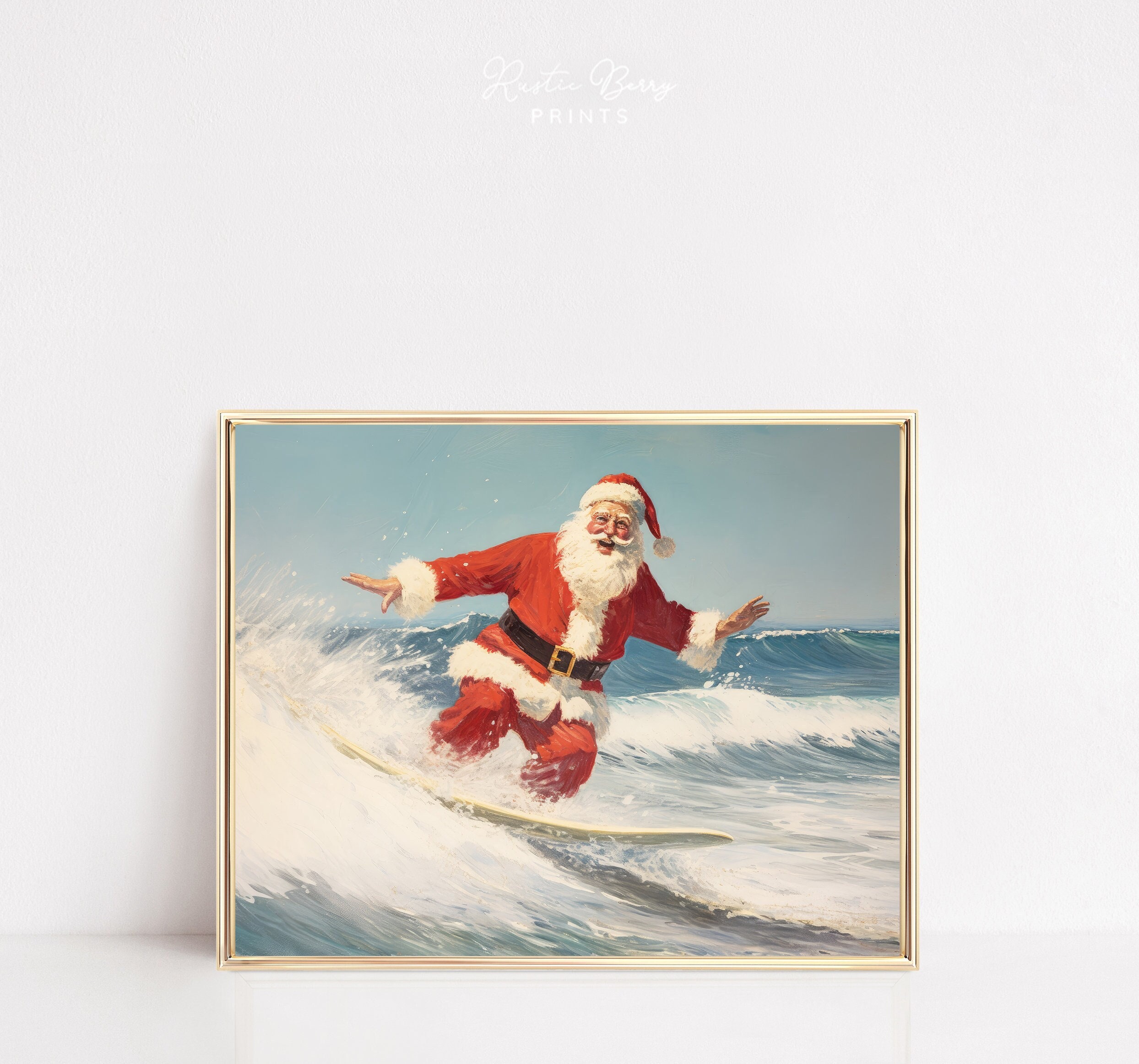 Surfing Santa Claus Art Print Vintage Santa Wall Art Ocean Beach ...