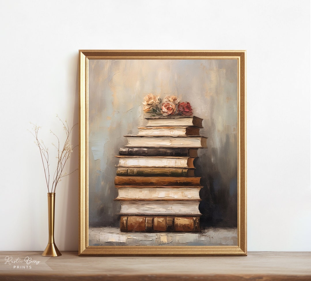 Stack of Old Books Oil Painting Wall Art | Academia | Vintage Style Art ...