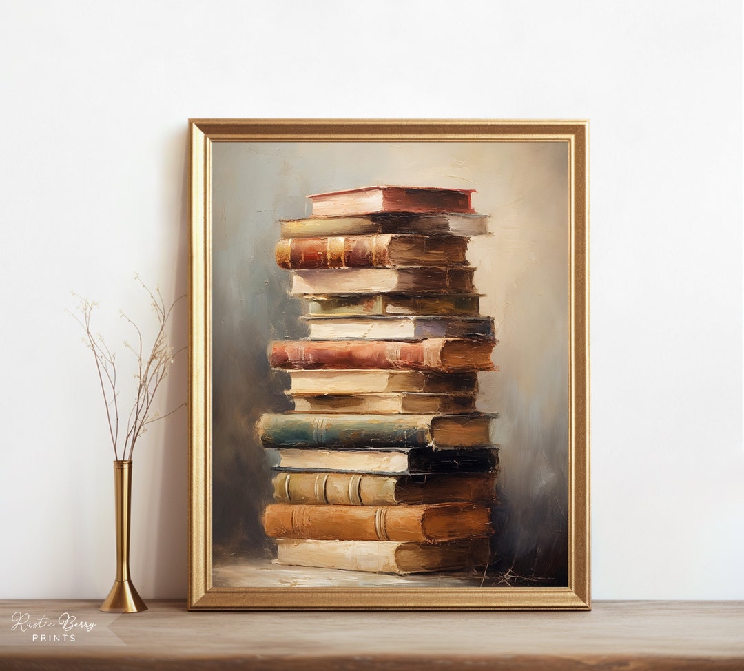 Stack of Old Books Oil Painting Wall Art Academia Vintage Style Art ...