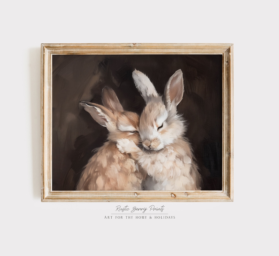 Cute Rabbits Wall Art Oil Painting | Rabbit Friends | Antique Vintage ...