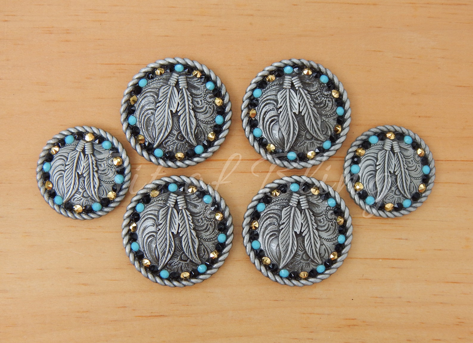 Silver Feathers Round Rope Edge Saddle Concho Set Turquoise - Etsy